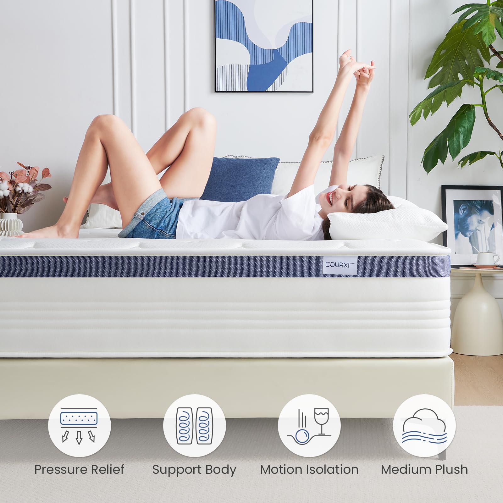 Dourxi Queen Size Mattress 10 Inch, Hybrid Queen Mattress in a Box with Cooling-Gel Memory Foam and Individually Pocket Innerspring for Support and Pressure Relief, Medium Plush