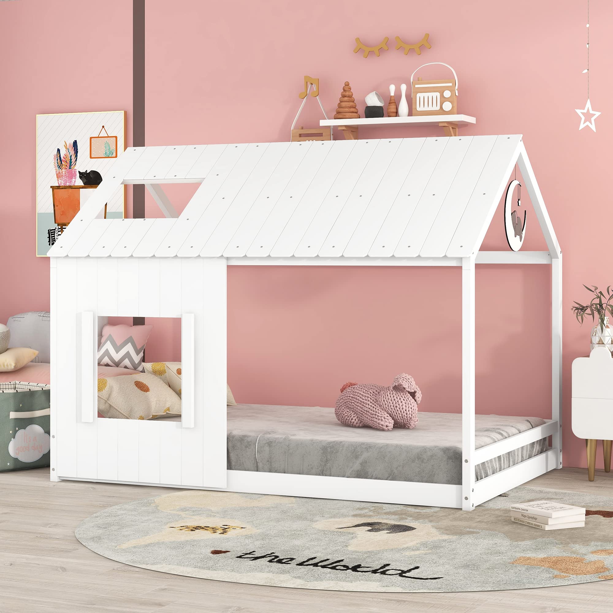 DOLPRNE Full Size House Bed,Modern Floor Bed Frame with Roof and Window,Solid Wood Platform Bed Frame for Kids Teens Girls Boys Bedrooms,White