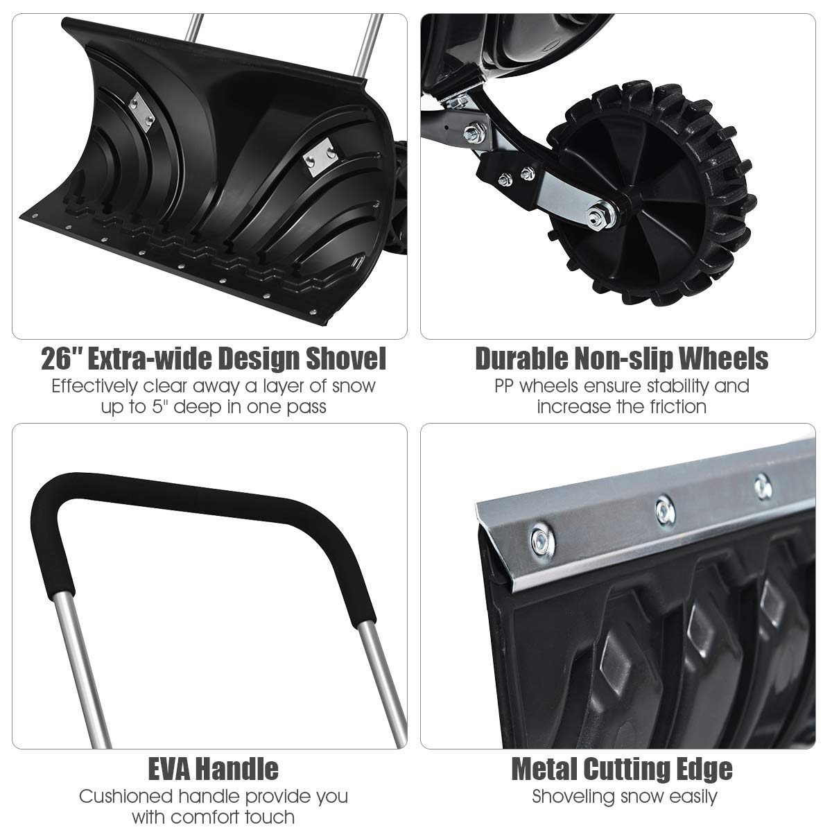 GYMAX Snow Shovel, Rolling Snow Pusher for Driveway, Heavy Duty Snow Plow Shovel with 26β Wide Blade, Built-in Wheels & Adjustable Handle, Wheeled Ergonomic Snow Removal Tools