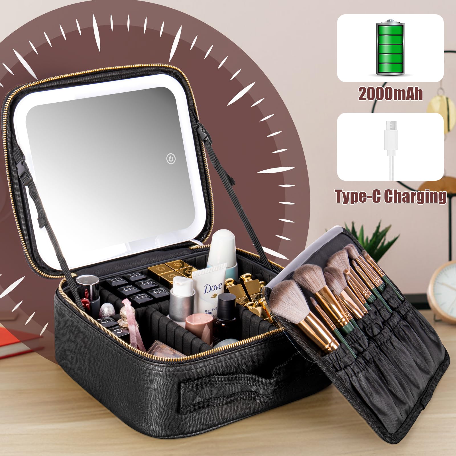 Extrei Gent Makeup Travel Train Case with Mirror LED Light 3 Adjustable Brightness Cosmetic Bag Portable Storage Adjustable Partition Waterproof Brushes Makeup Jewelry Gift for Women, Black
