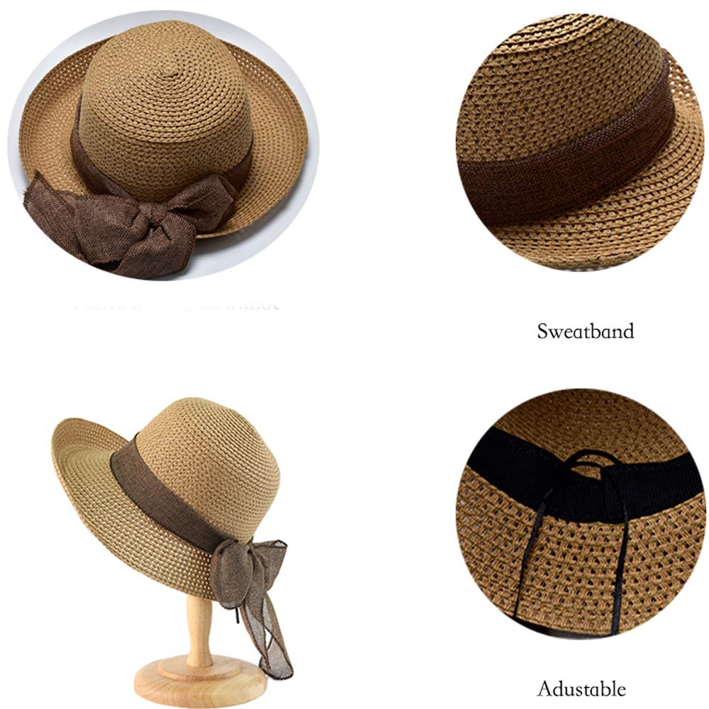 Cyiecw Beach Straw Hats for Women Floppy Summer Sun Hat Fashionable Wide Brim Cap UV UPF5 Travel Hats Packable Cotton Light Brown Khaki