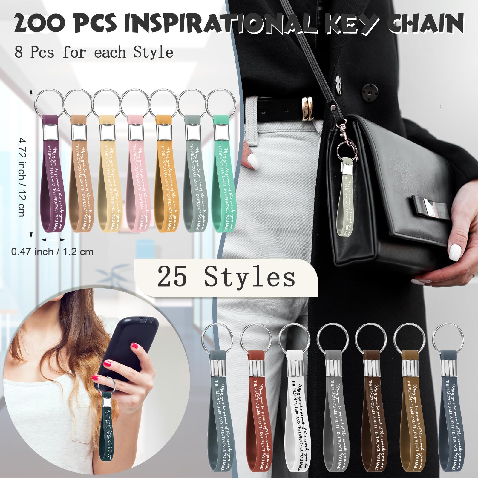 Estune 200 Pcs Teacher Appreciation Gift Thank You Keychain Bulk Silicone Coworker Inspirational Key Chains for Employee(Awesome)