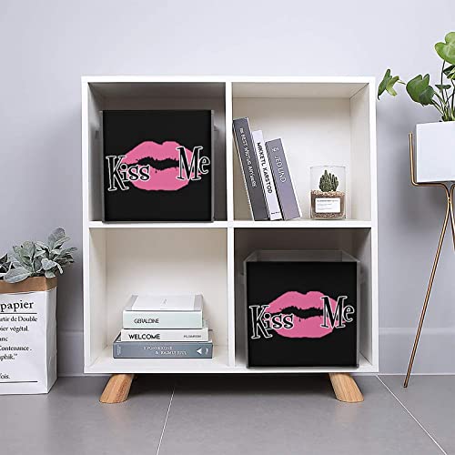 Kiss Me Storage Bins Cubes Foldable Fabric Organizers with Handles Clothes Bag Book Box Toys Basket for Shelves Closet 10.6"