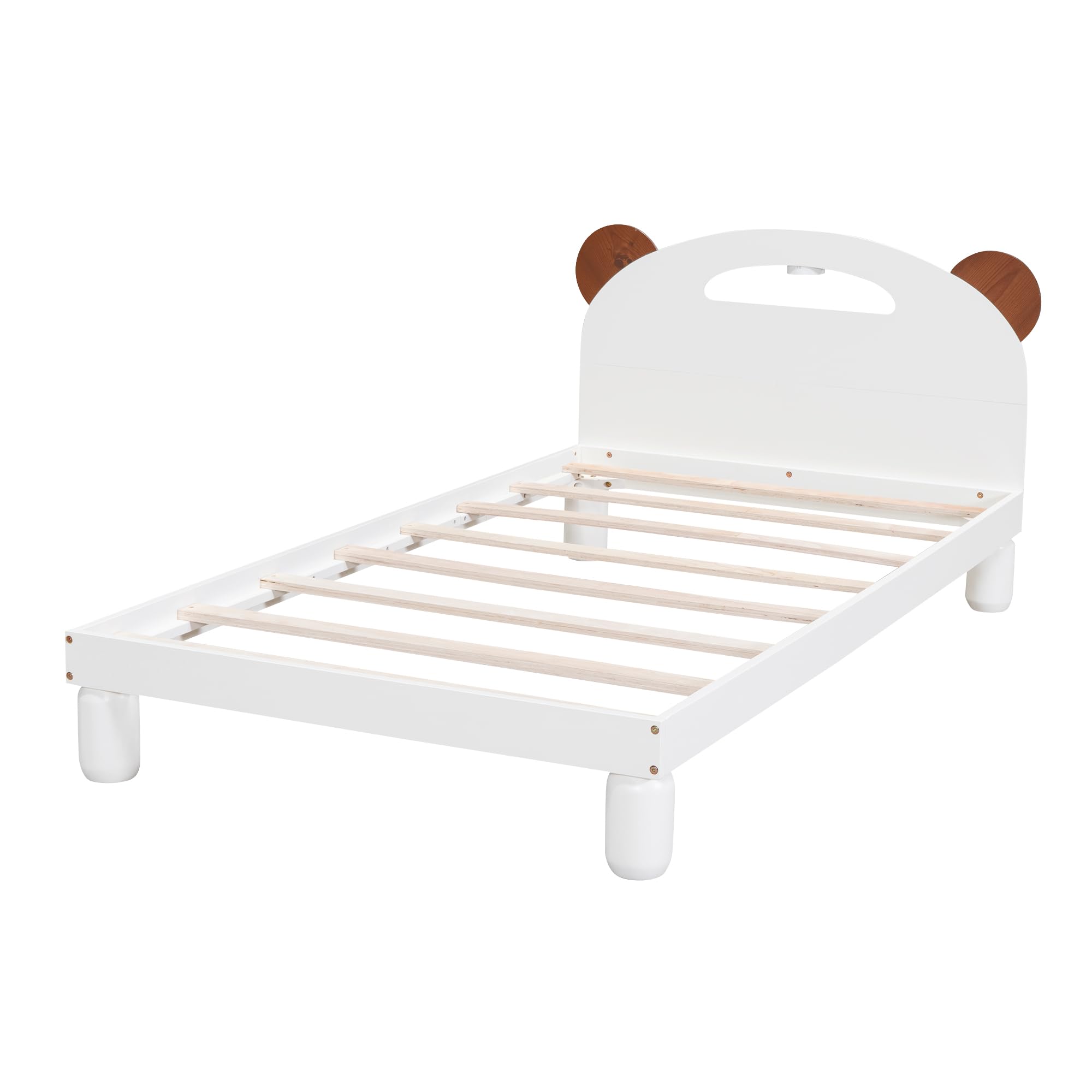 DOLPRNE Twin Size Platform Bed with Bear Ears Shaped Headboard and LED for Kids Adults Bedroom,Cream White