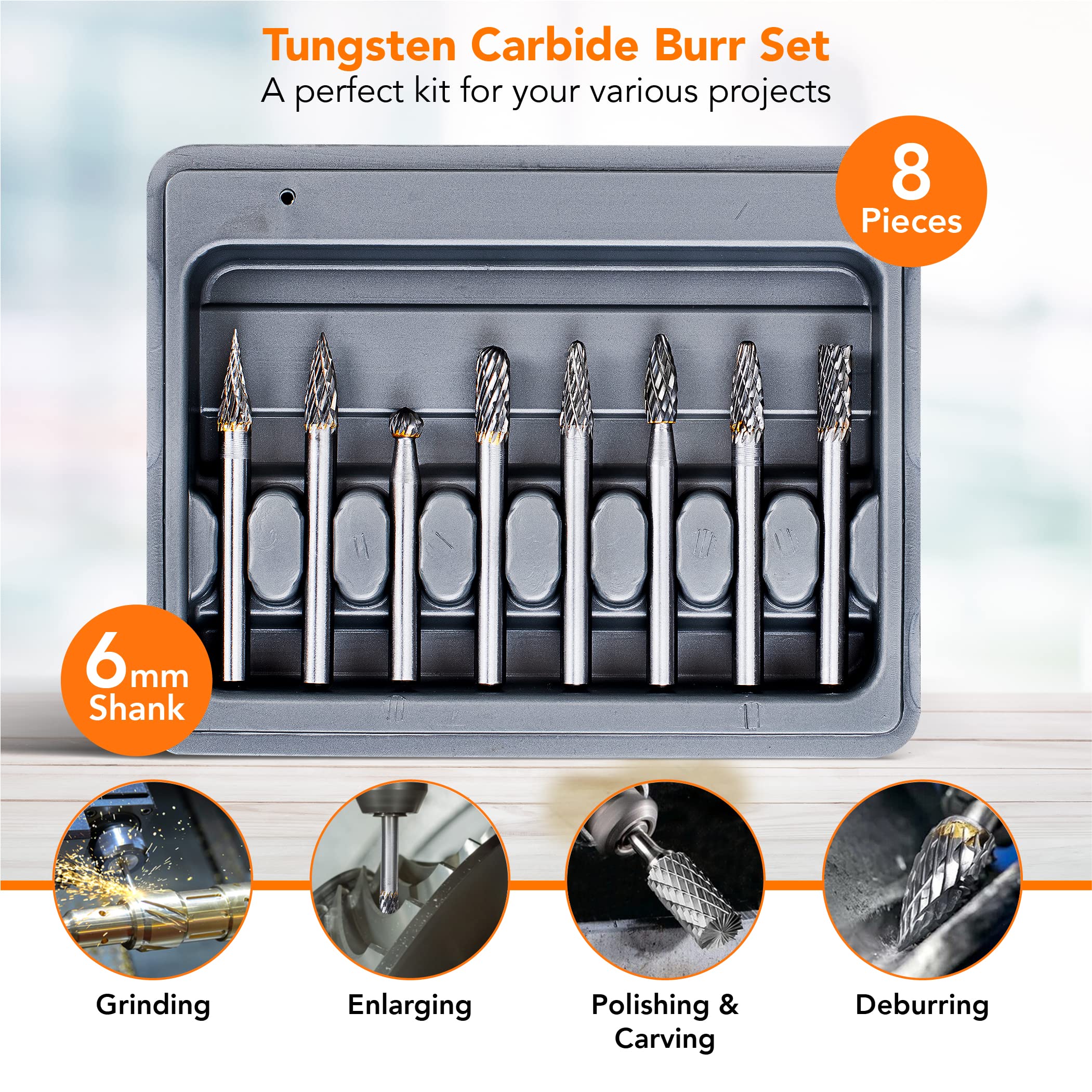 Double Cut Carbide Burr Set ¼” Shank 8 PCS - Tungsten Carbide Die Grinder Bits – Rotary Rasp - Versatile Rotary Tool Bits for Metal Weld Grinding Milling Deburring Polishing Woodworking and Carving