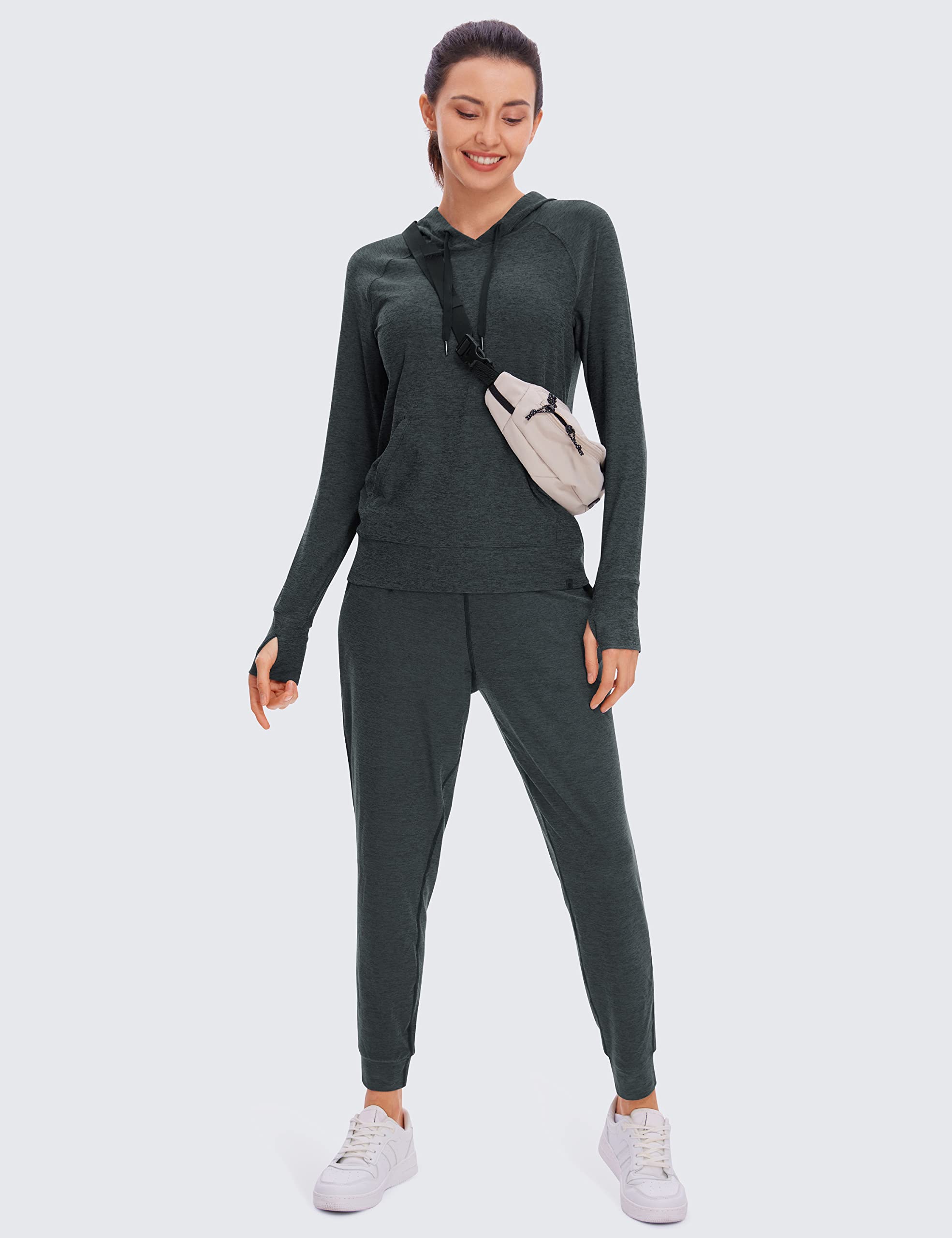 CRZ YOGA Women's Hoodie Long Sleeve Shirts Running Workout Top Pullover Sweatshirts with Pocket Black Heather Medium