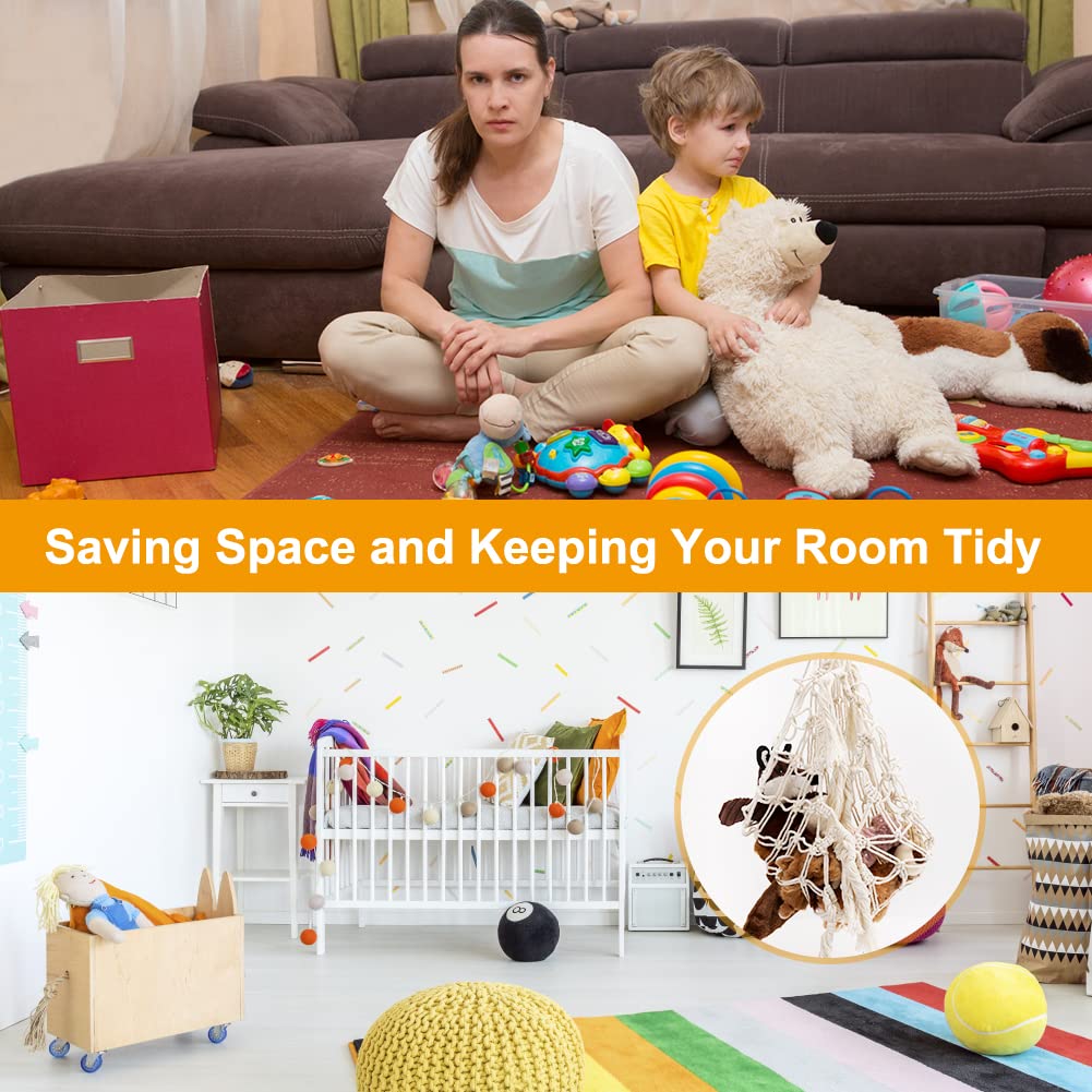 Stuffed Animal Hammock, 41inch Hand-Woven Toy Hammock Boho Tassel Macrame with Star Light String Corner Hanging Organizer Storage Plush Toys Net Holder for Nursery Play Room Kids Bedroom Decoration