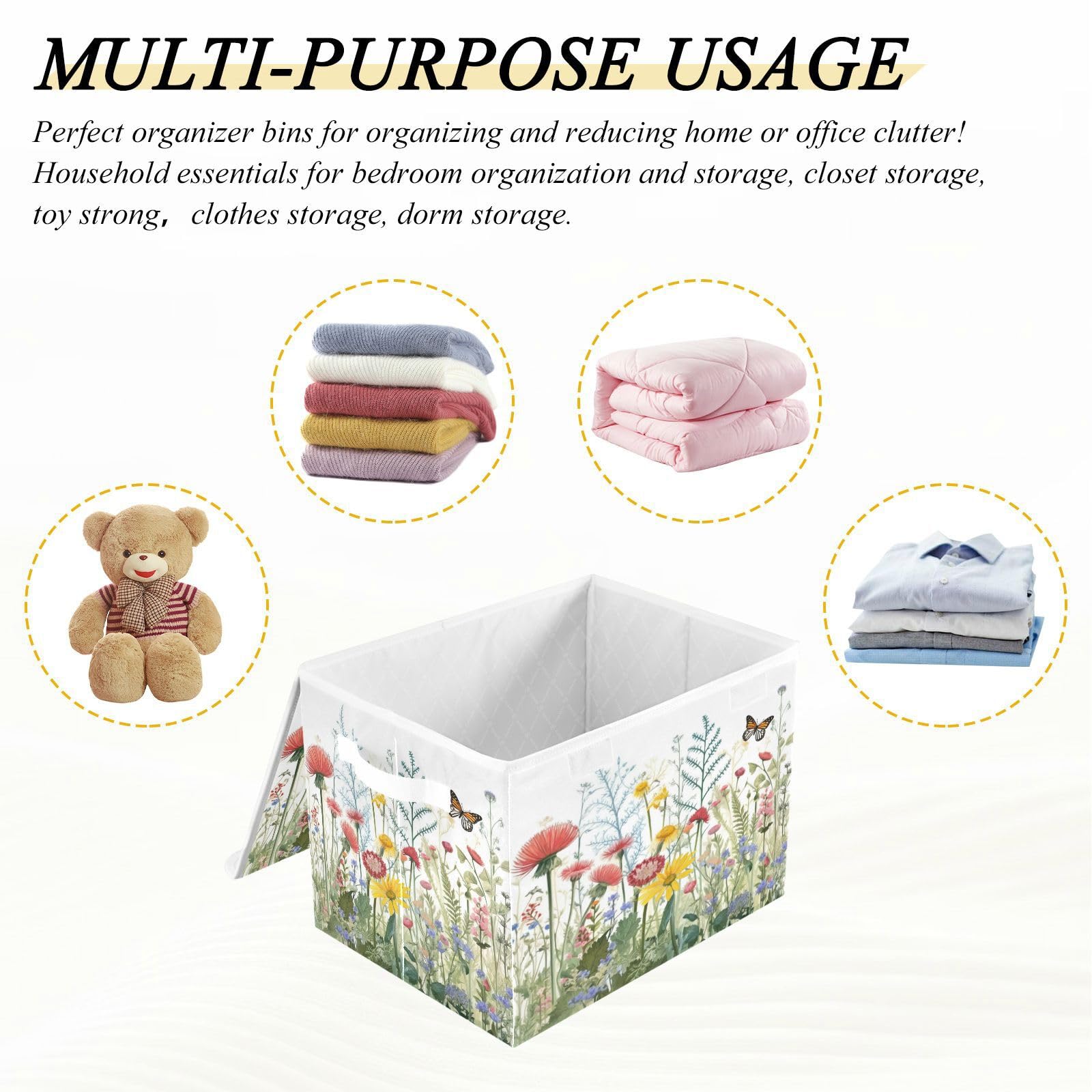 KEEPREAL Wildflowers Butterfly Storage Basket Bin with lid, Large Cube Storage Box Collapsible Storage Organizer for Home Office Closet - 16.5 L x 12.6 W x 11.8 H(51)