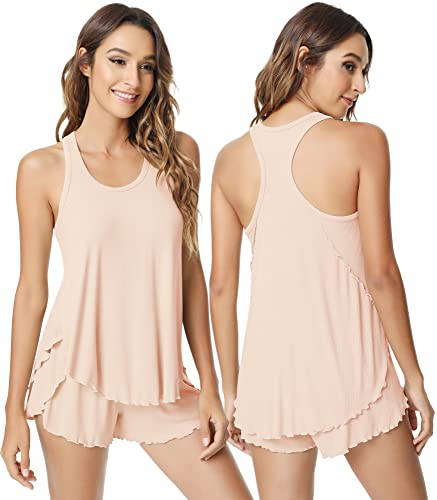 NACHILA Women's Pajamas Set Bamboo Ribbed Racerback Tank Top and Shorts Sleepwear Sleeveless Loose Fit Nightwear Pjs Pale Pink L