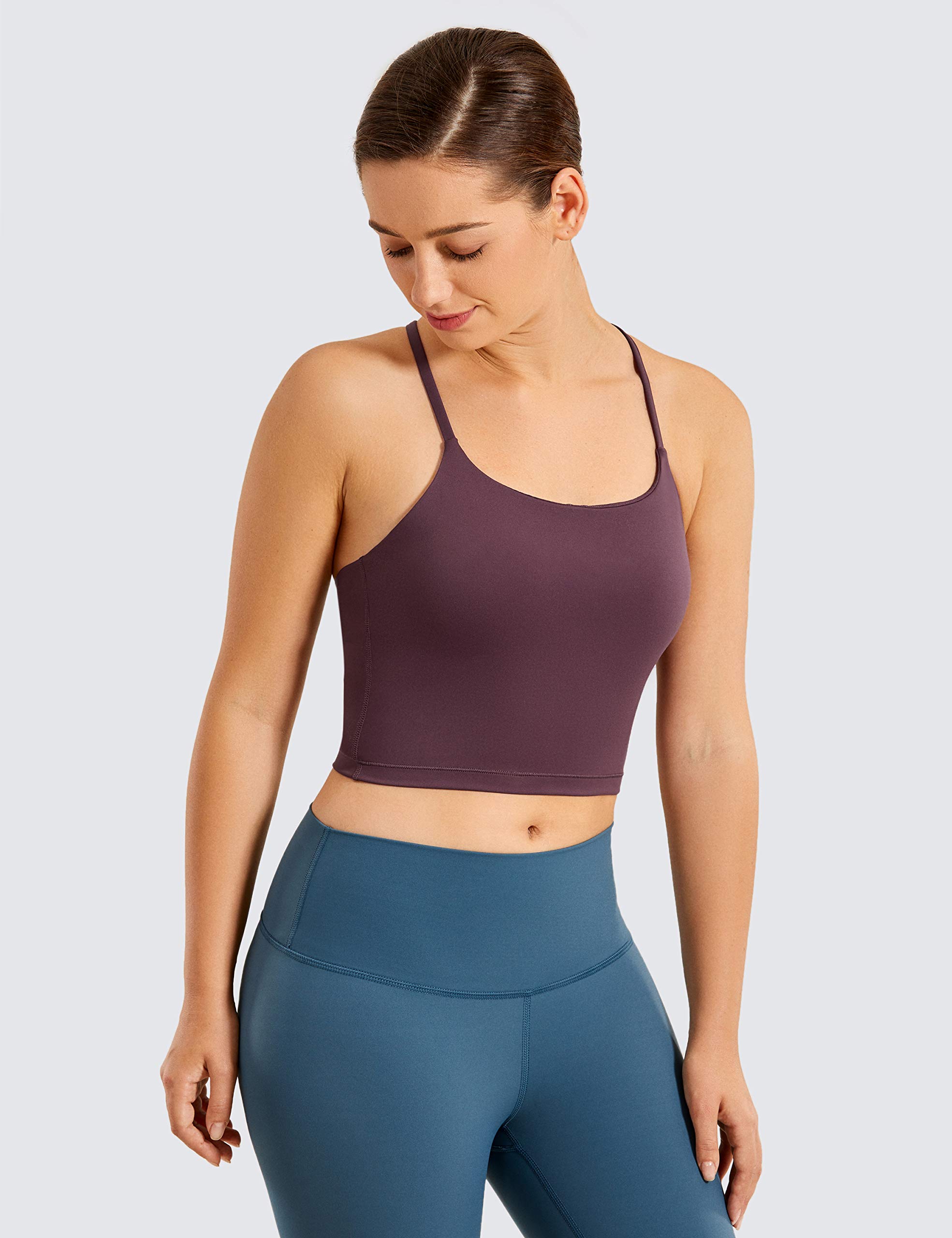 CRZ YOGA Womens Y Back Longline Sports Bra - Racerback Spaghetti Straps Padded Workout Crop Tank Tops with Built in Bra White Medium