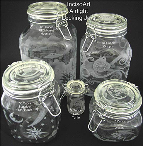 IncisoArt Hand Etched Glass Jar Airtight Canister Sandblasted (Sand Carved) Handmade Engraved Locking Wire Clamp Lid (Sun Moon Stars Planets, 38 Ounce)
