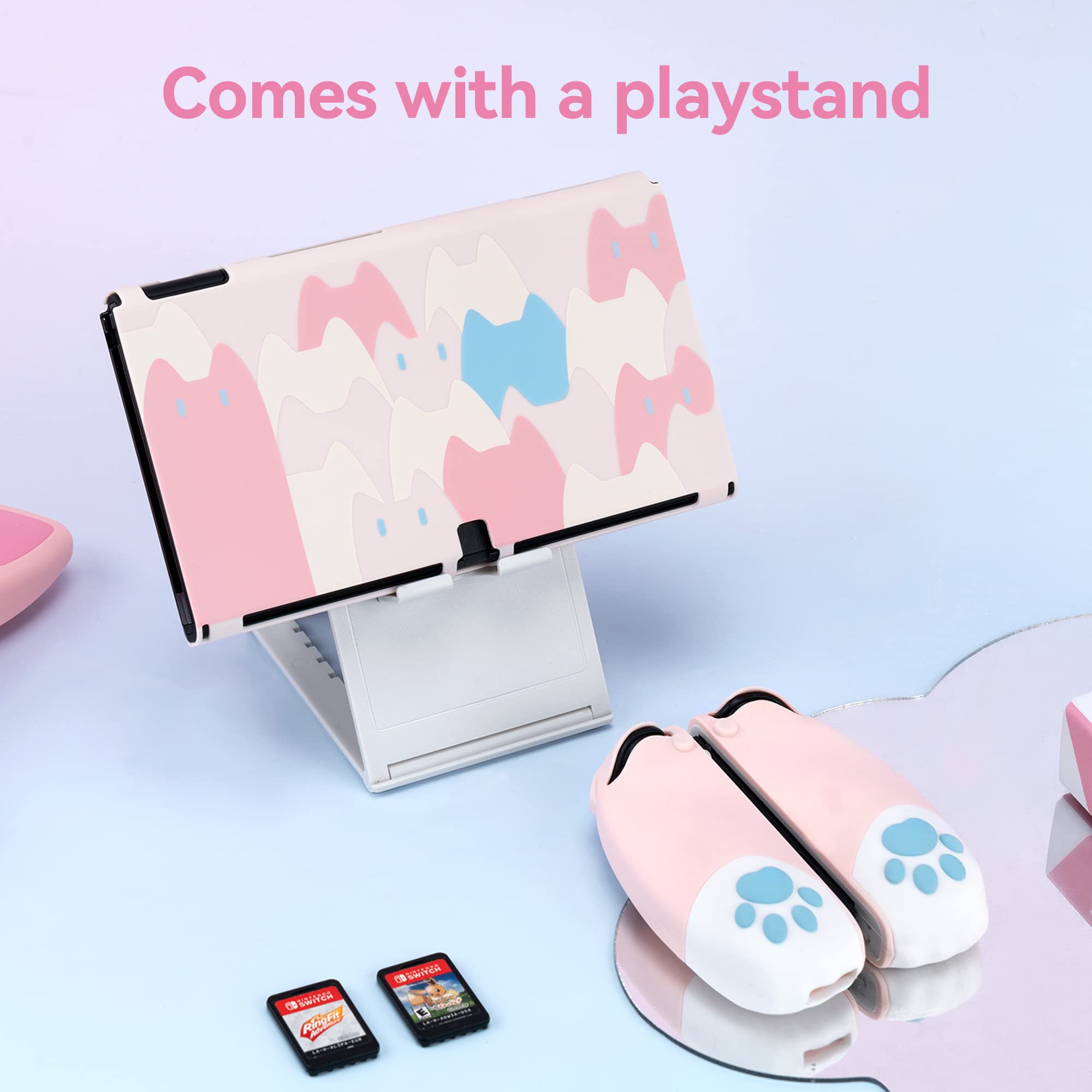 GeekShare Cute Cat Paw Ergonomic Protective Case Cover Compatible with Nintendo Switch OLED Console and Joy-Con, Shock-Absorption and Anti-Scratch Slim Cover Skin for Switch OLED Model- Pink