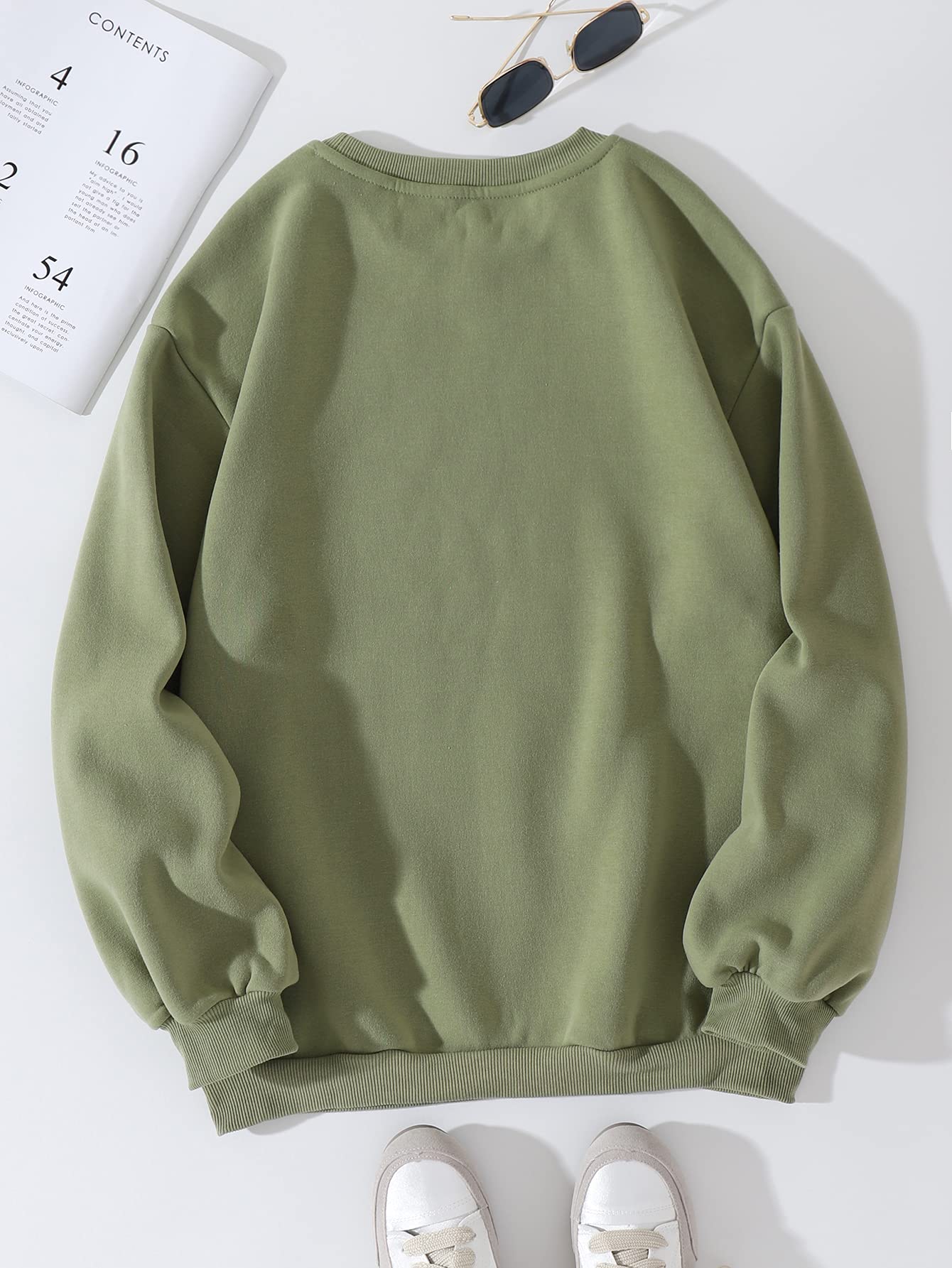 Floerns Women's Casual Long Sleeve Crewneck Pullovers Tops Solid Sweatshirt Army Green L