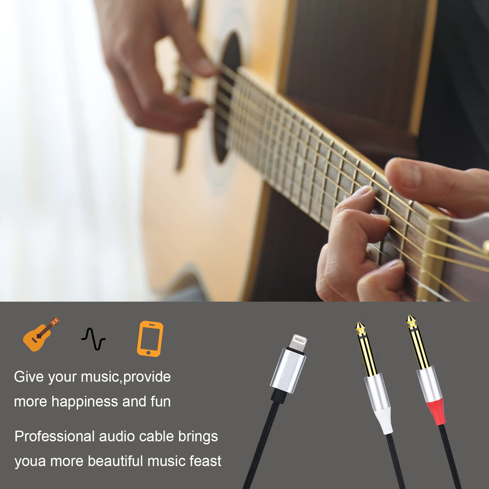 Enbiawit Lightning to Dual 6.35mm Mono Stereo Y-Cable Splitter Lightning to Dual 1/4 inch Audio Cable Compatible for iPhone14/13/12/11/X/XS/XR/8/7/iPad,Amplifier, Speaker, Headphone, Mixing Console