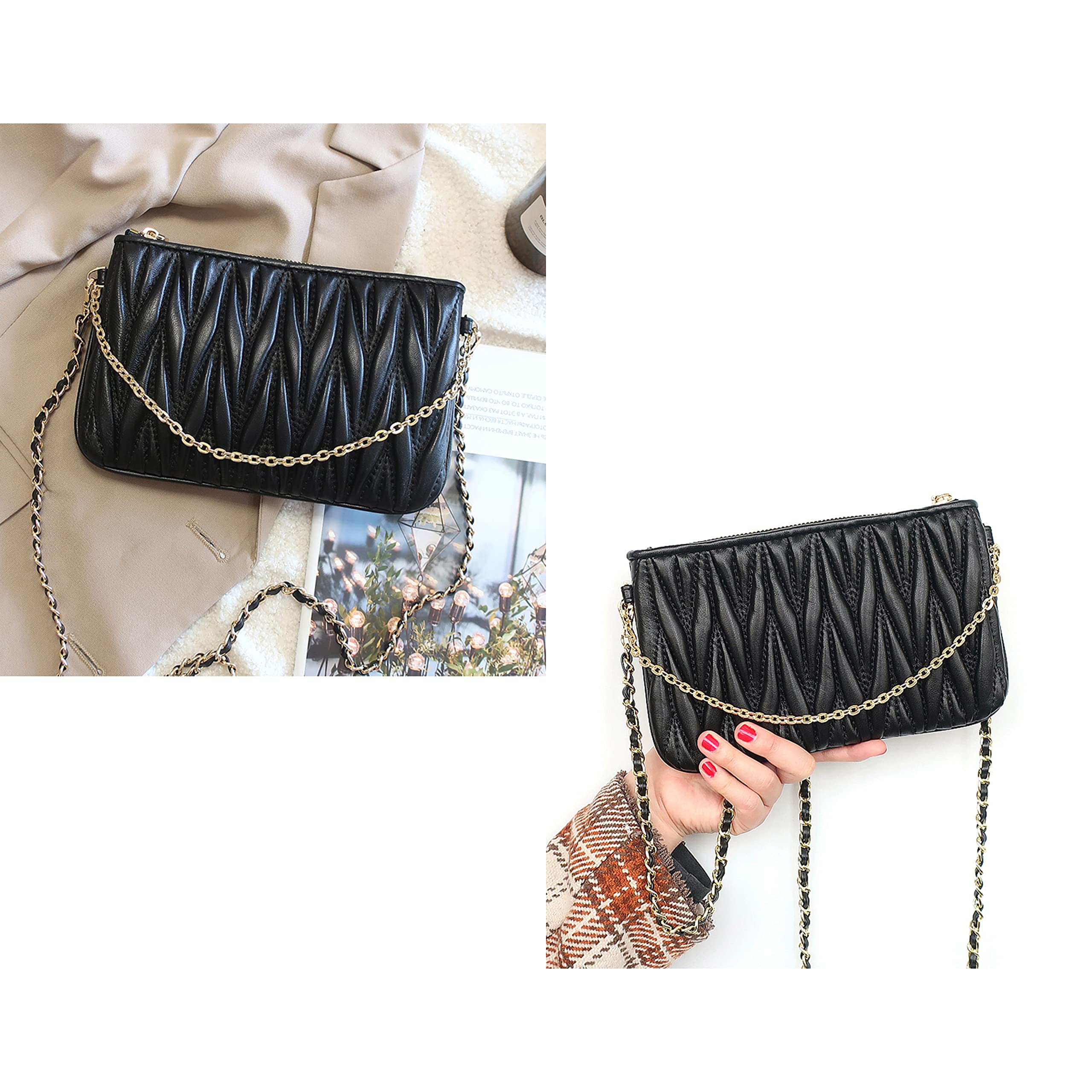 DORIS&JACKY Leather Quilted Clutch Bags For Women Small Multifunctional Shoulder Purse With Lots Card Slots(1-Black)