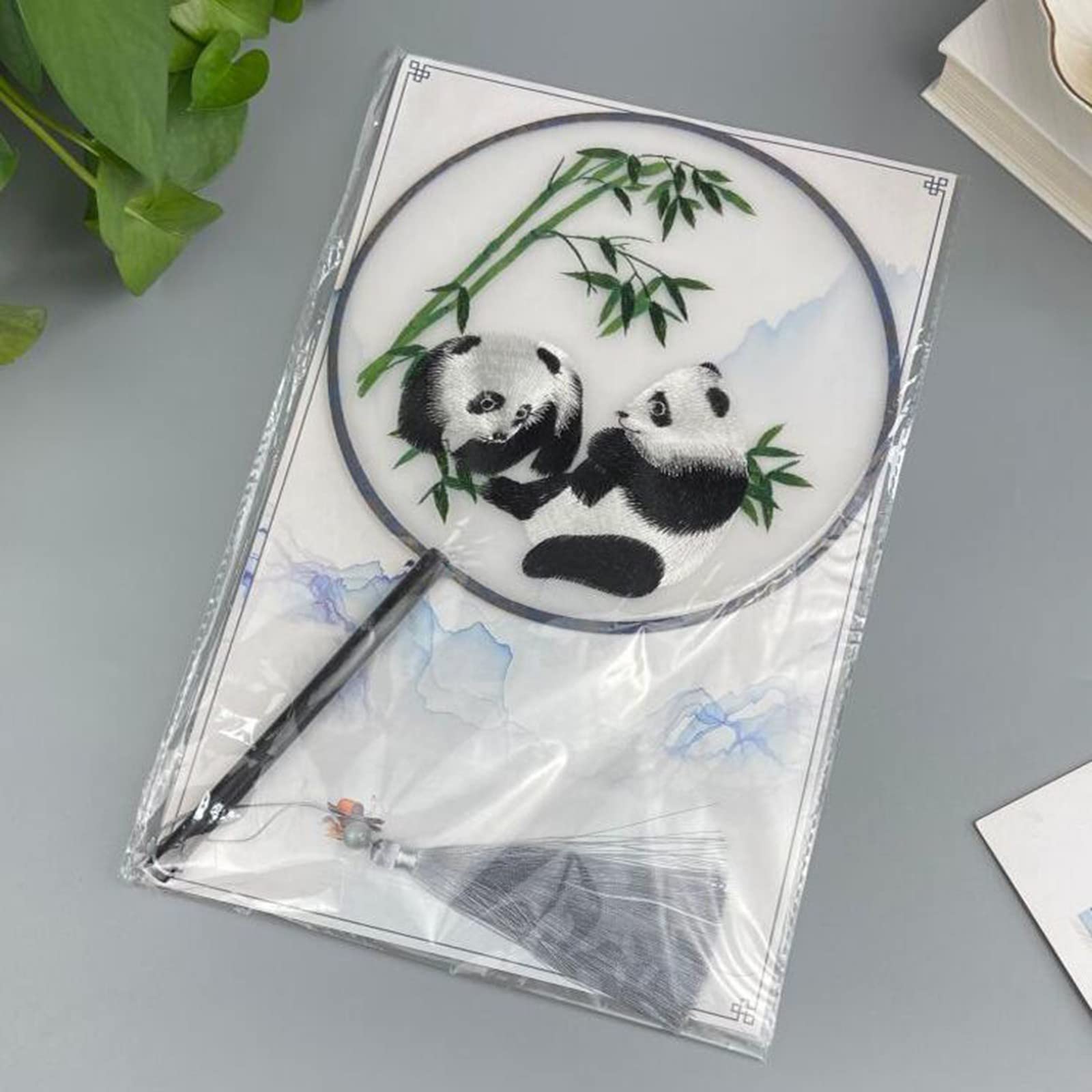 ERTUO Embroidered Long Handle Hand Fan Panda Embroidered Round Fan Semi-Transparent Retro Hanfu Dance Cheongsam Chinese Style Classical Fan