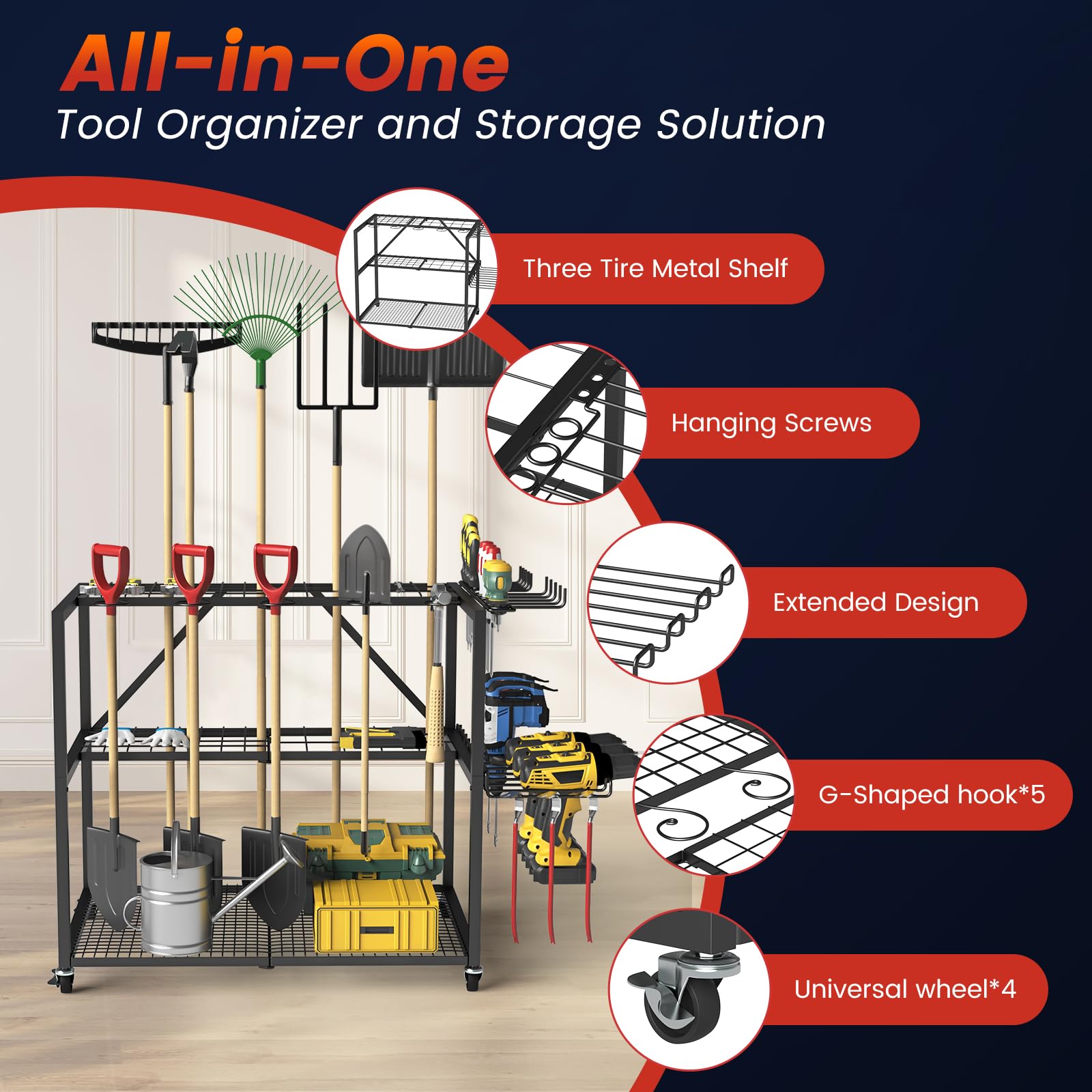 Keeswin Garden Tool Organizer with Wheels, 3 Tier Large Garage Tool Storage Organizer,Up to 50 Long-Handled Tools, 4 Drills Holder with 10 Hooks, 10 for Screwdrivers, Large (31.5''D x 25" W x 16" H)