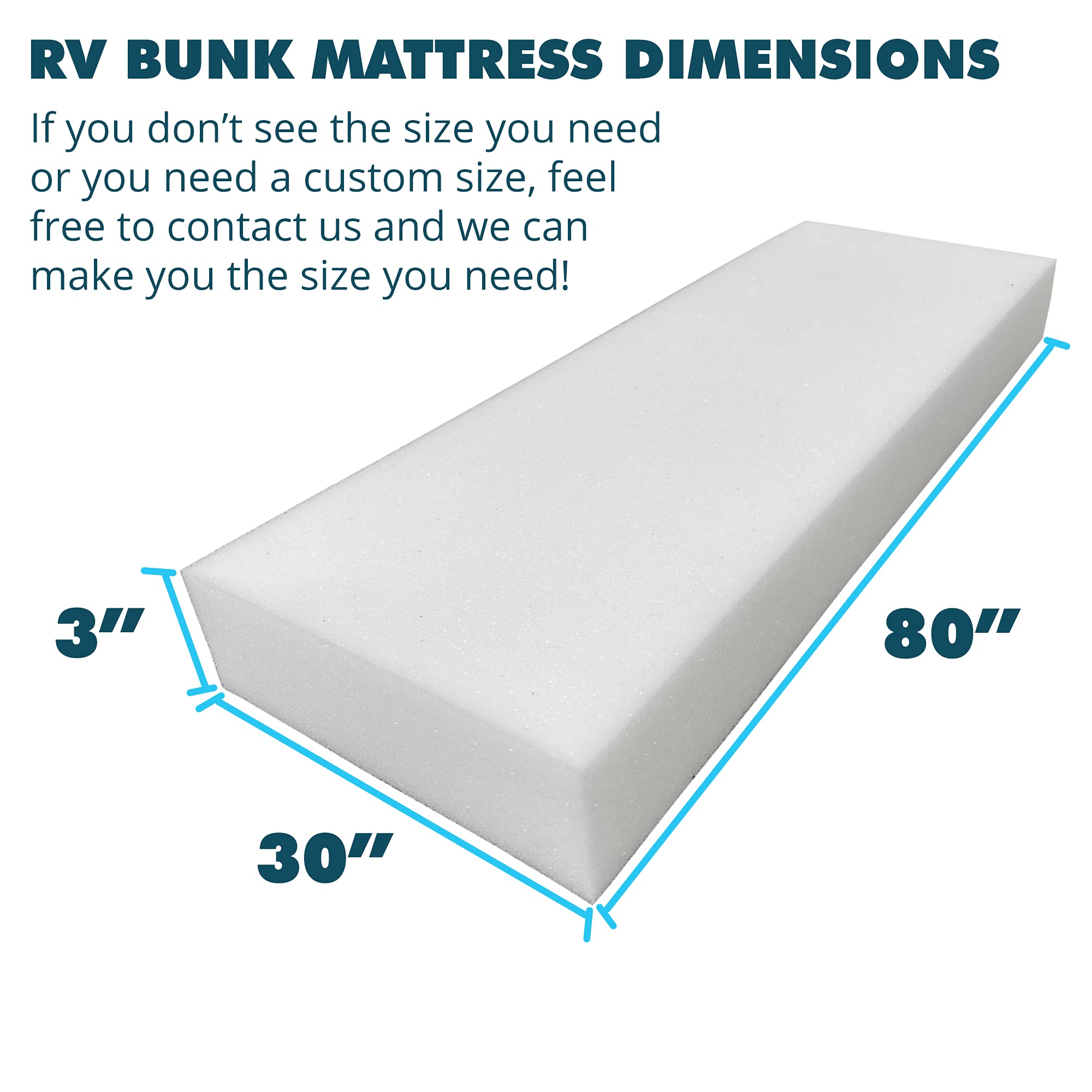 Foamma 3" x 30" x 80" High Density RV Bunk Mattress Replacement, Firm, Durable, Premium Comfort, USA Made, No Cover