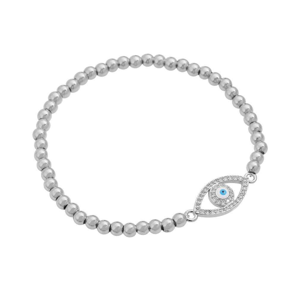 Edforce Stainless Steel Women Evil Eye Ball chain Elastic bracelet with CZ Cubic Zirconia (Eye Silver)