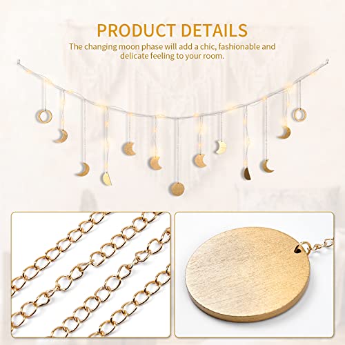 Moon Phase Wall Decor with LED String Light, 13 Gold Hammered Wood Boho Wall Hanging Decor Mood Garland 56'' - Celestial Phases Moon Decor in Bohemian Style for Bedroom Home Living Room Gift