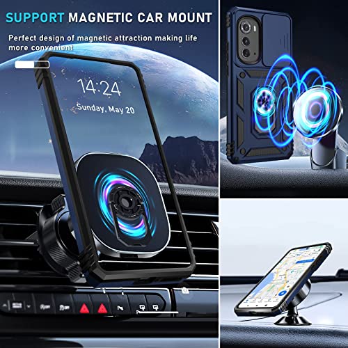 Motorola Moto Edge 2022 Case Built in Slide Camera Cover and Screen Protector [Not for Edge Plus],Heavy Duty Shockproof Full Body Phone Cover,Built in Finger Ring Stable Holder Kickstand,2022 Blue