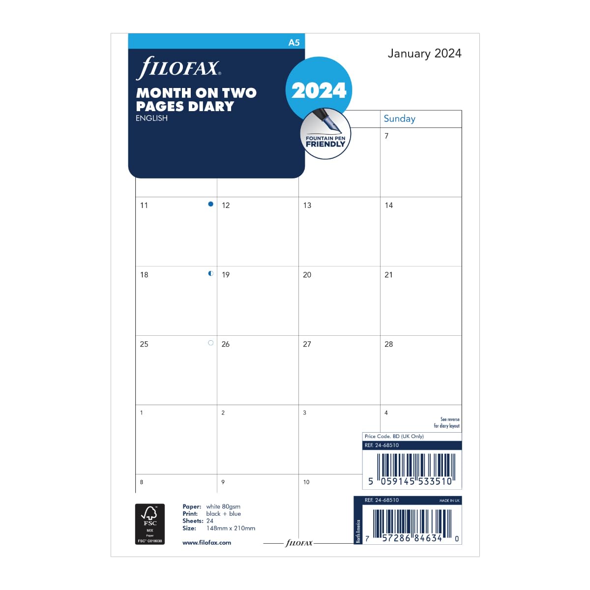 Filofax A5 month on two pages English 2024 diary