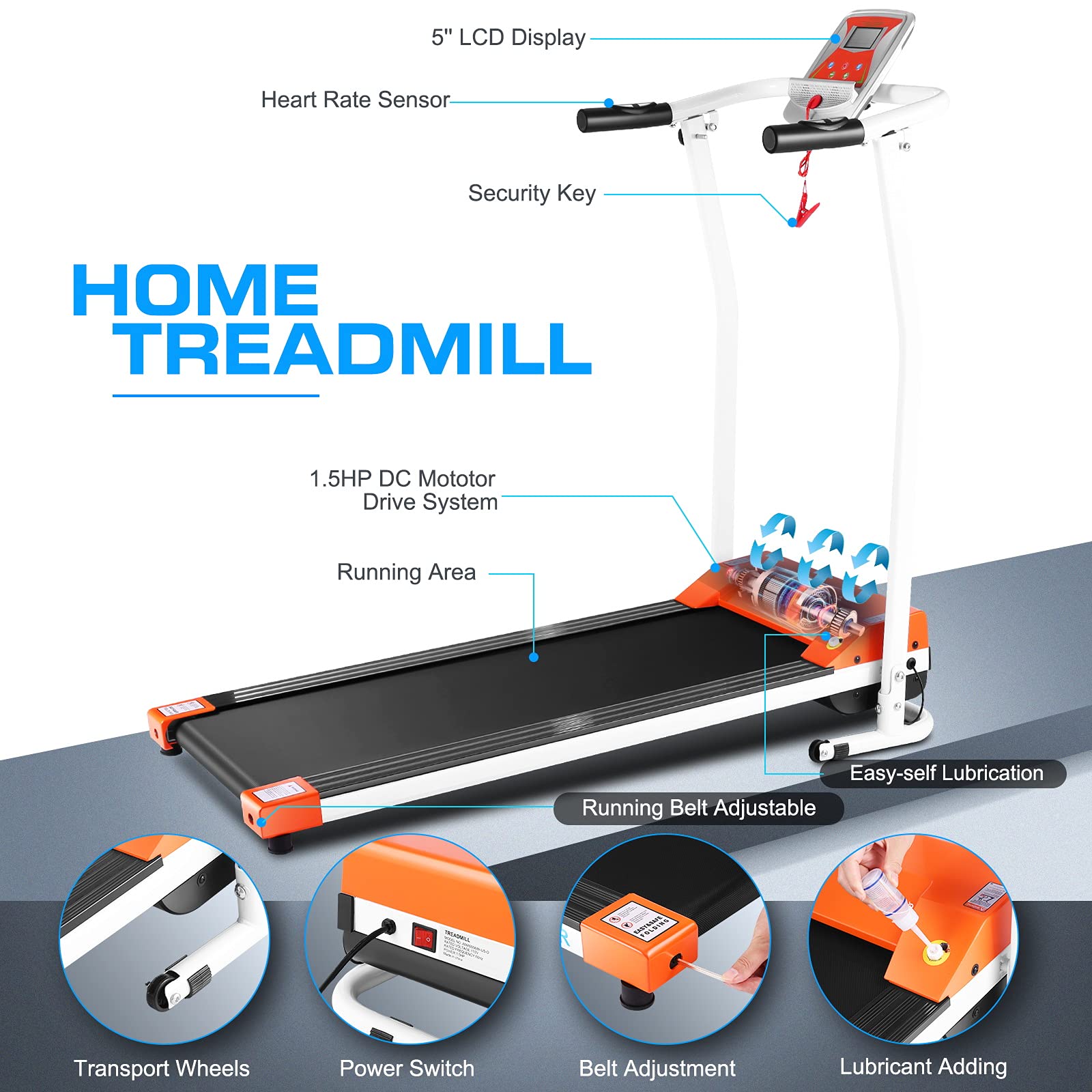 Folding Treadmill Treadmill for Home with LCD Monitor Motorized, Electric Treadmill Workout Running Machine with Auto Stop Safety Function (Light Orange)