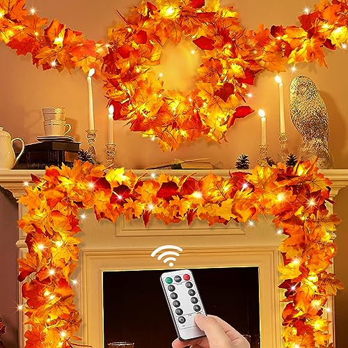 OCATO 2 Pack Fall Decor Thanksgiving Decorations for Home Table Decor Fall Garland Leaves with 40LED String Lights Timer Indoor Outdoor Fall Decorations for Home Porch Autumn Halloween Christmas Decor