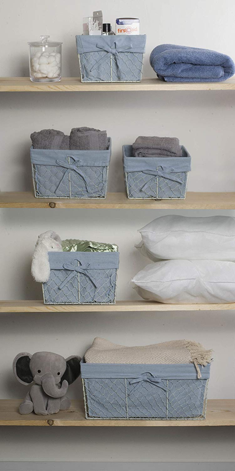 DII Farmhouse Chicken Wire Egg Basket, Storage Baskets with Liner, Denim, 16x12x7.88"