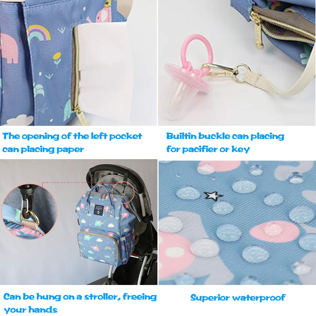 EssFeeni Elephant Baby Diaper Bag Backpack Waterproof Insulated USB Large Boy Diaper Bag Backpack for Mom (Elephant)
