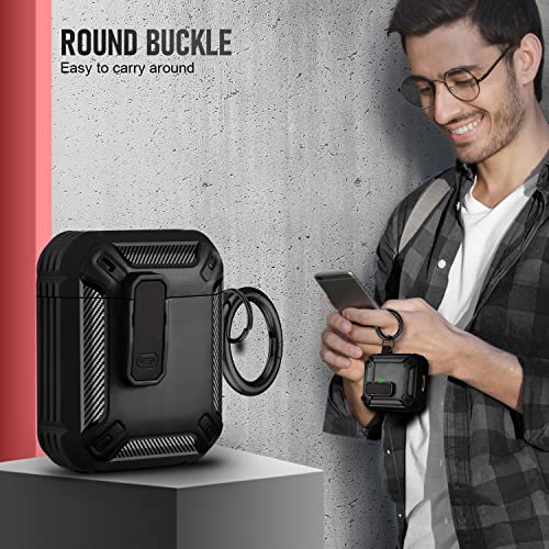 Youskin Airpod 1st Generation Case Secure Lock Clip Case,Carbon Fiber Airpod 1&2 Case Military Armor Series Full-Body Rugged Hard Shell Airpod 2nd Generation Case for Men Women with Keychain,Black