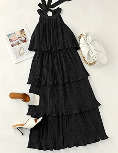 ZESICA Women's 2023 Summer Sleeveless Halter Neck Ruffle Tiered Layed Chiffon Flowy Swing Long Midi Dress,DarkBlack,Large