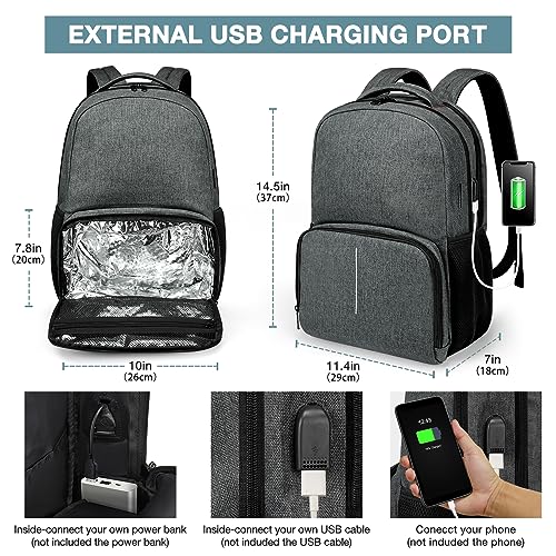 Ocraho Lunch Bag Backpack Insulated Cooler Lunch Box Backpack,Travel Laptop Backpack with USB Port for Women Men Fits 15.6 Inch Laptop (Gray-2)