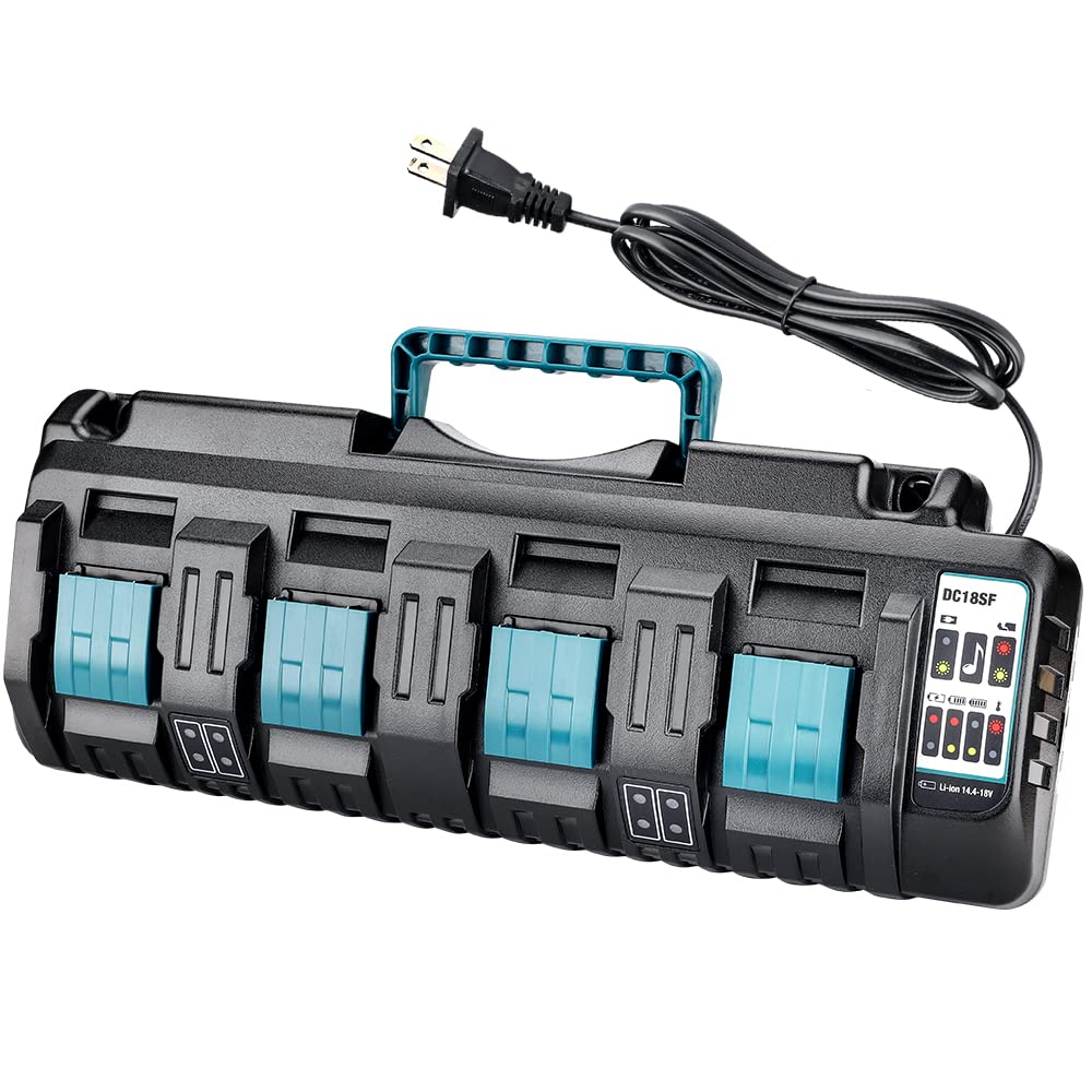 DC18SF 18V LXT Lithium‑Ion 4-Port Battery Charger, Philophca Rapid Charger with Dual USB Port Replace for Makita 18 Volt Battery Charger DC18RC DC18RD DC18RA Compatible with Makita 14.4V-18V BL1830