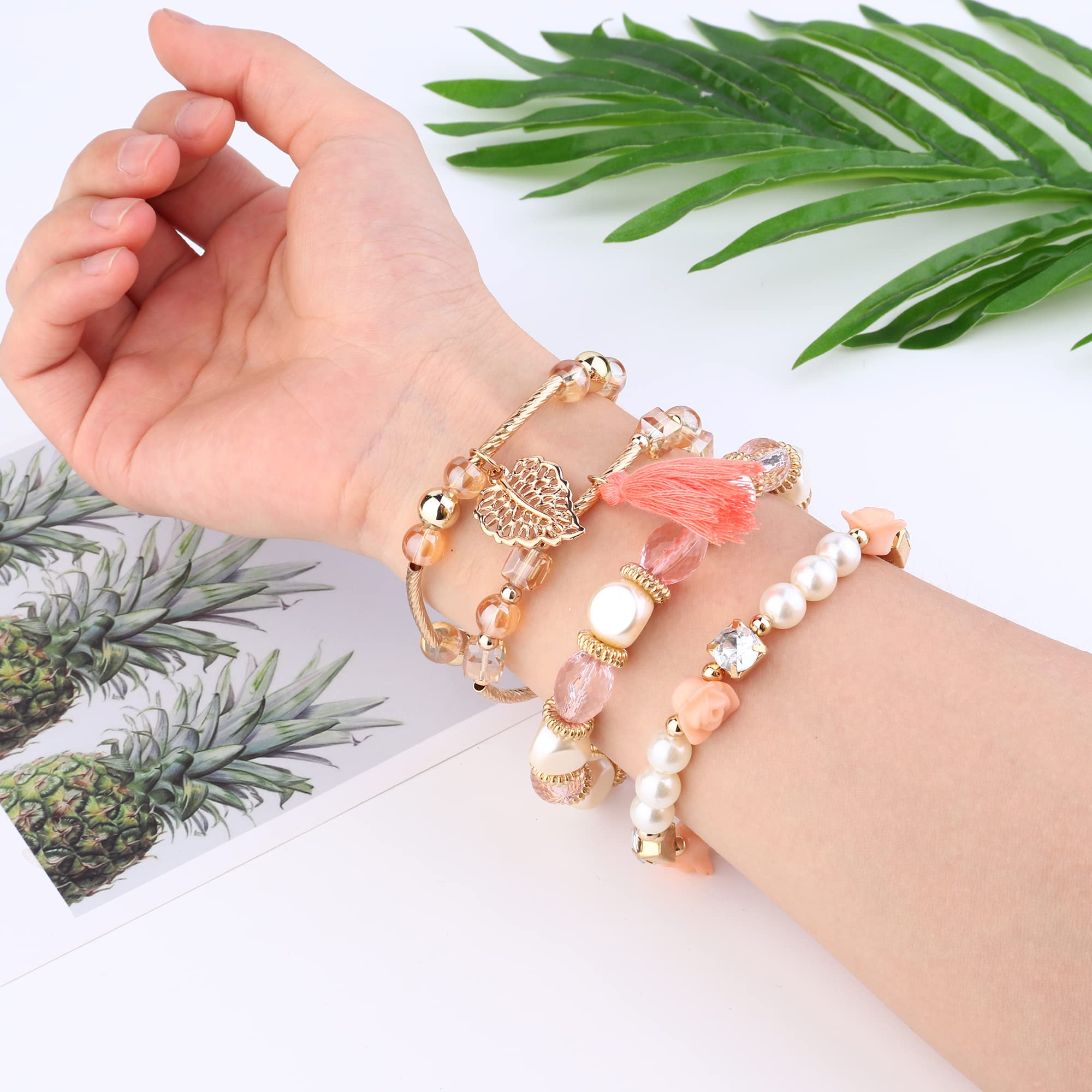 Florideco 4 Sets Bohemian Stackable Bead Bracelets for Women Men Stretch Multilayer Colorful Beads Bracelet with Charm Jewelry B
