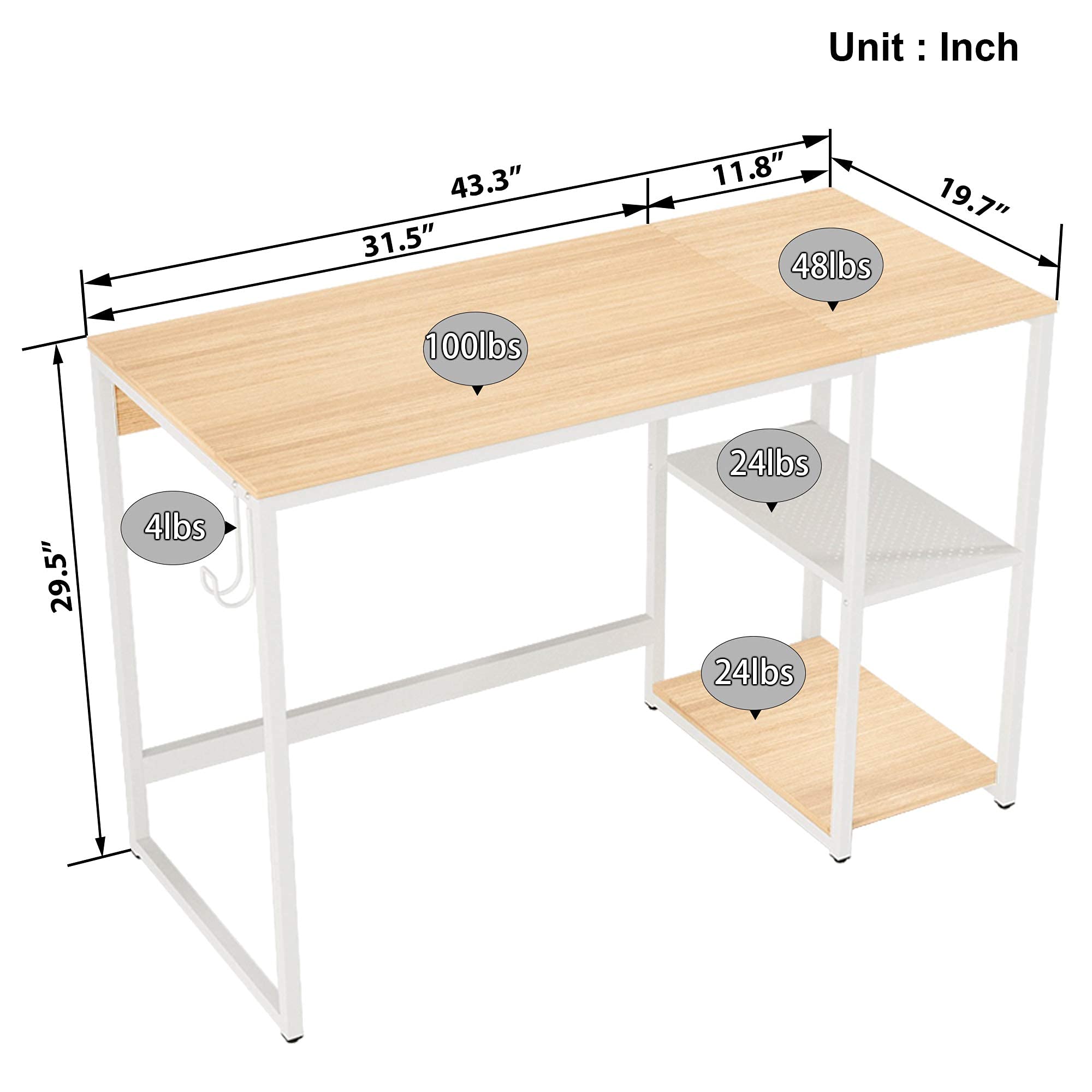 DOMY HOME Office Desk w/Storage Shelves, 43" Small Student Kids Writing Desk Headphone Hook Bedroom Dormitory PC Laptop Home Office Table Sturdy Metal Frame, Easy Assembly Oak