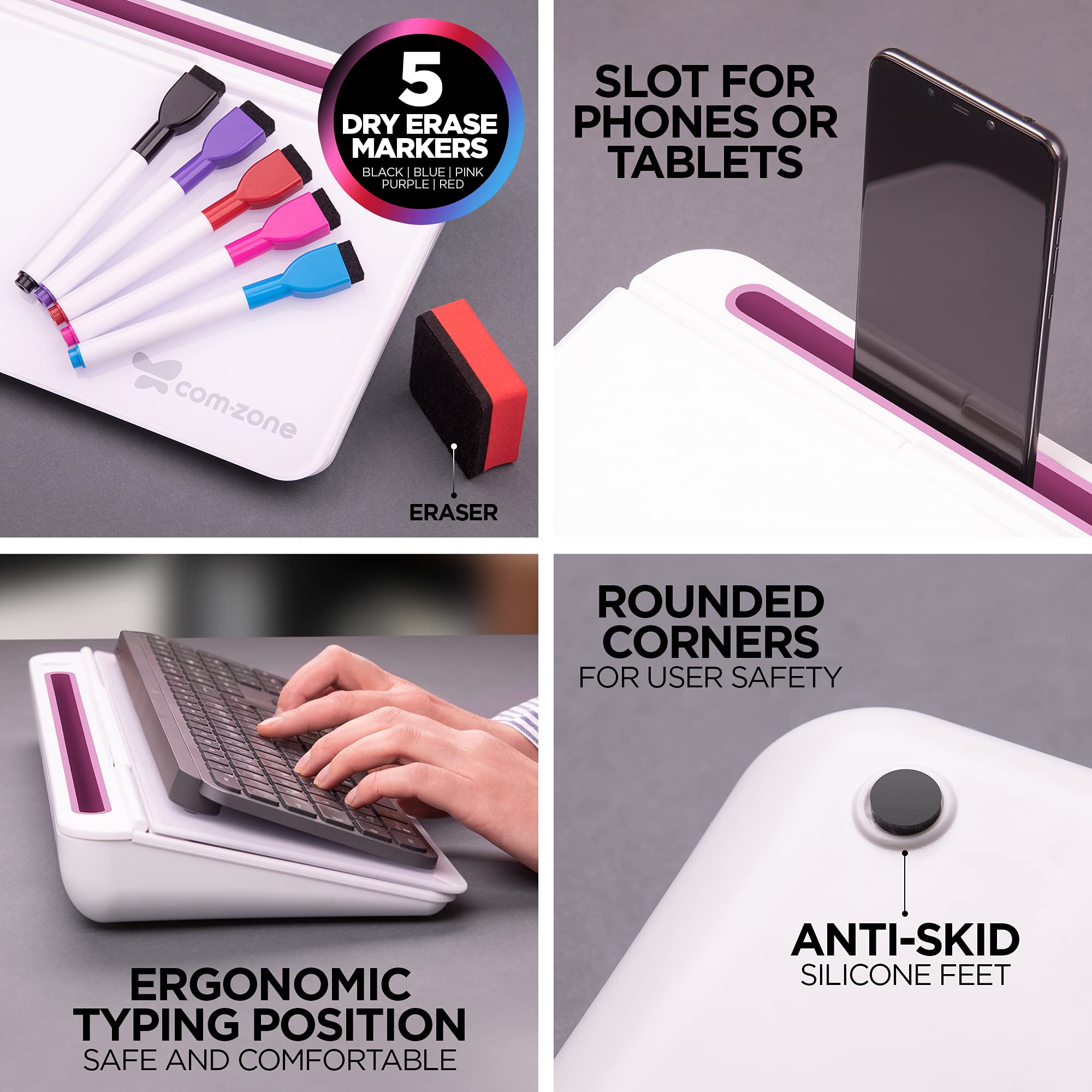 Com Zone Glass Desktop Whiteboard pad, 17.7β 8β, Small Dry Erase White Board, Computer Keyboard Stand, Tilt Surface for Comfortable Writing & Typing, Desk Organizer - Drawer for Storage Accessories