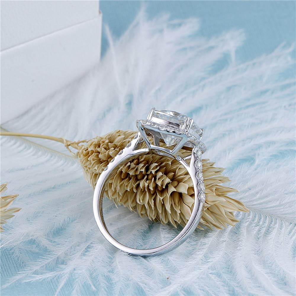 DovEggs Solid 14K White Gold Center 2ct 7.5mm G-H-I Color Cushion Cut Created Moissanite Halo Engagement Ring with Accents (7.5)