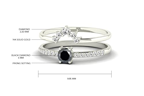 Engagement Wedding Ring Set, Solitaire Black Diamond Ring with Side Stone, Diamond Curved Stacking Ring White Gold
