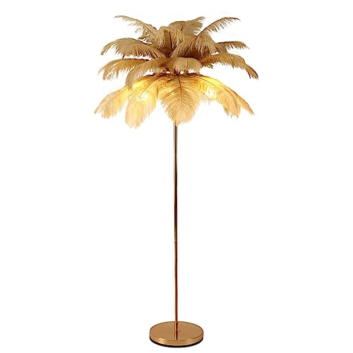 ESTUWD Ostrich Feather Floor Lamp, Dimmable Floor Lamp with Footswitch (Contains Light Sources), Gold Standing Lamp for Bedrooms and Living Room H : 160cm… (Camel)