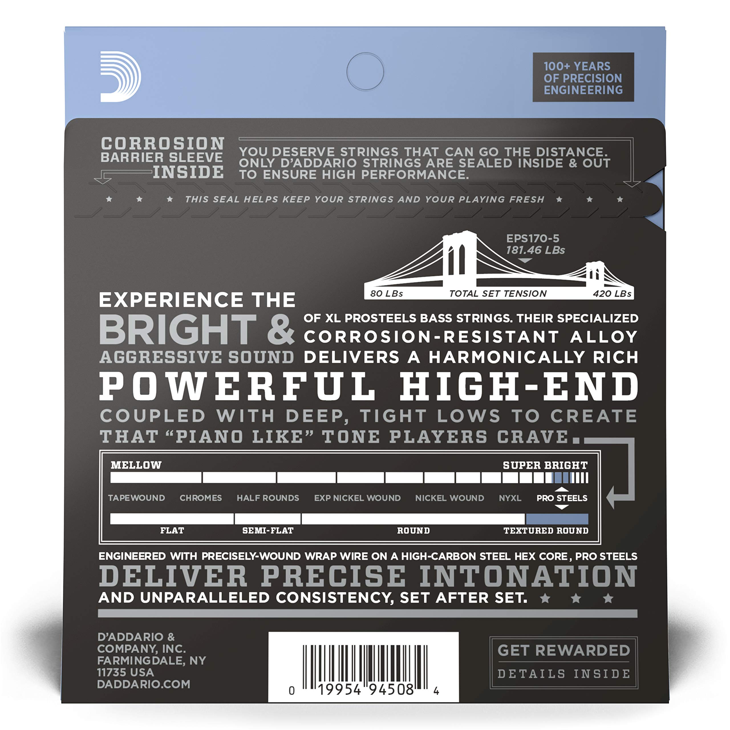D'Addario XL ProSteels Bass Guitar Strings - EPS170-5 - 5 String - Long Scale - Regular Light, 45-130