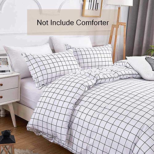 Nanko Queen Duvet Cover Set Grid, 90x90 Soft Bedding Cover, Luxury Cool Lightweight Microfiber 3pc Set (1 Cover 2 Pillowcase) with Zip, Tie - Modern Style Bed Quilt Cover for Decor, Plaid White