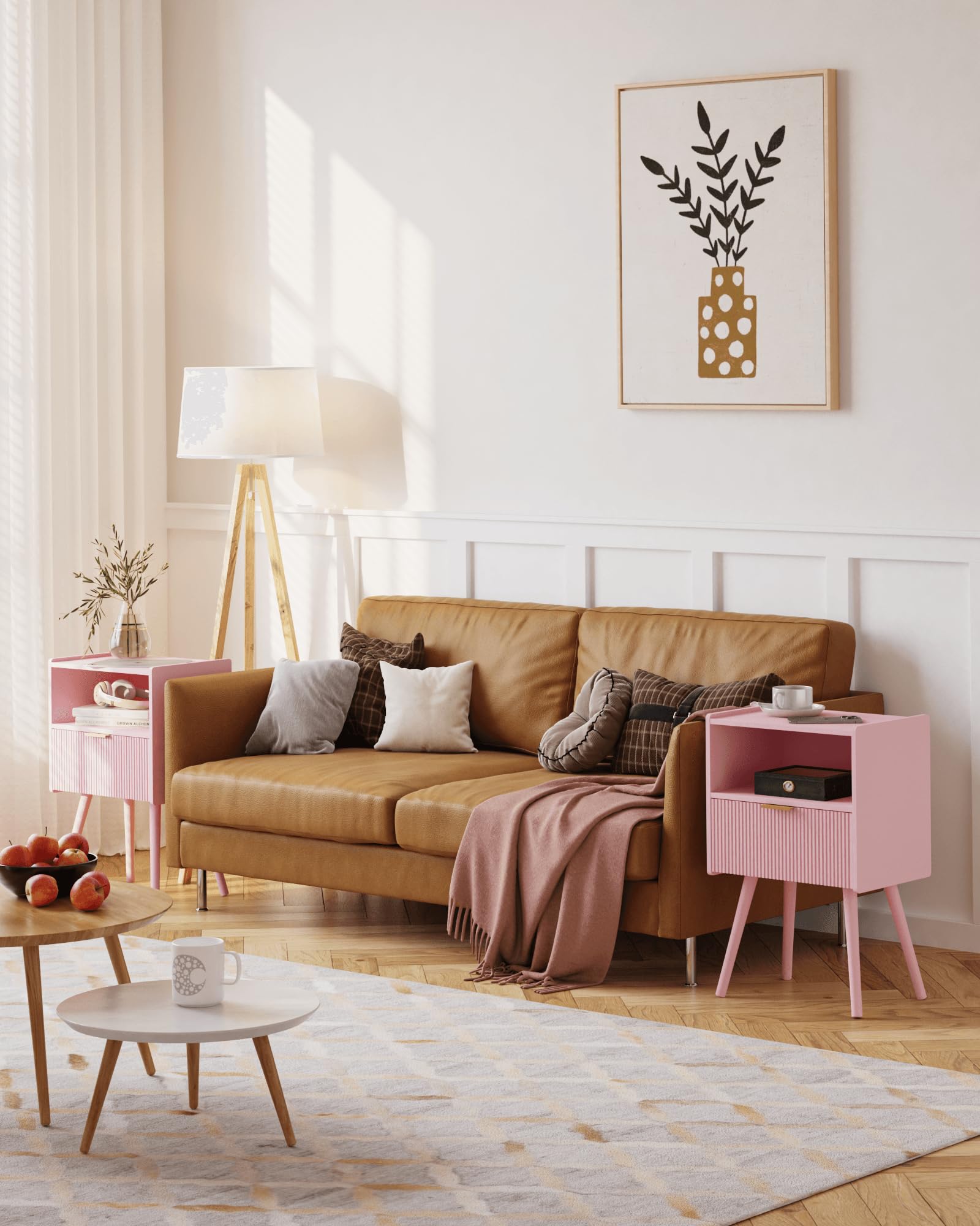 JOONEE Nightstand,Modern Bedside Table with Storage Drawer and Open Wood Shelf, for Living Room, Bedroom and Small Spaces, Accent Night Stand with Solid Wood Legs, Easy Assembly,Classic Pink
