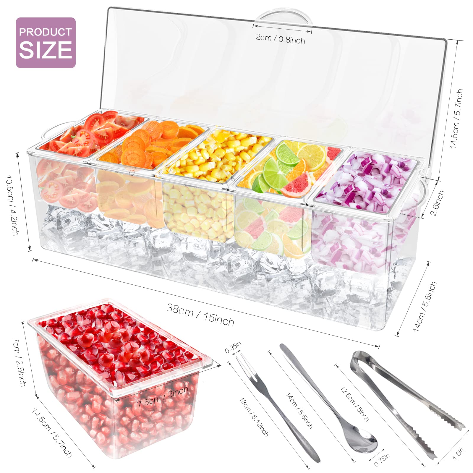 FODIENS 5 Compartment Condiment Server, Ice Chilled Condiment Containers with Lid, Clear Condiment Caddy Serving Tray on Ice with 5 Serving Spoons 5 Fruit Forks 2 Serving Tongs
