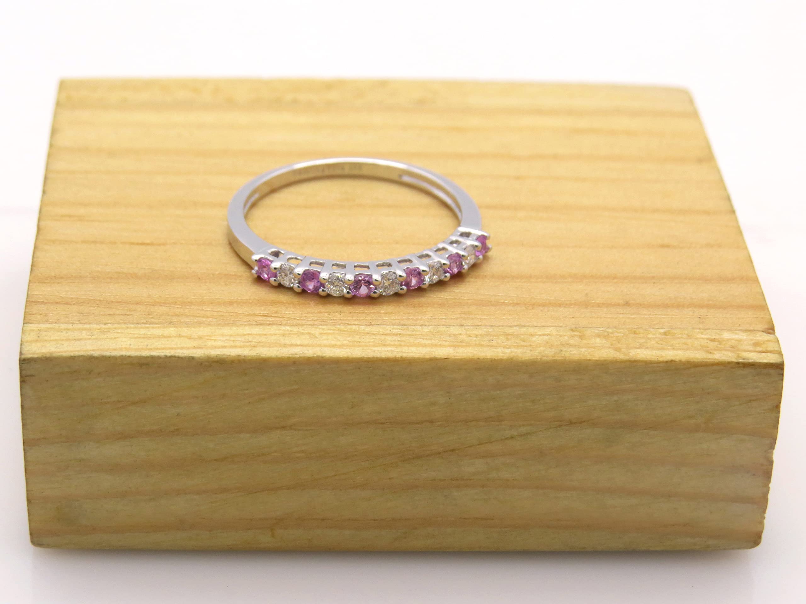 Dazzlingrock Collection 10K Round White Diamond & Pink Sapphire Ladies Anniversary Wedding Band, White Gold, Size 8