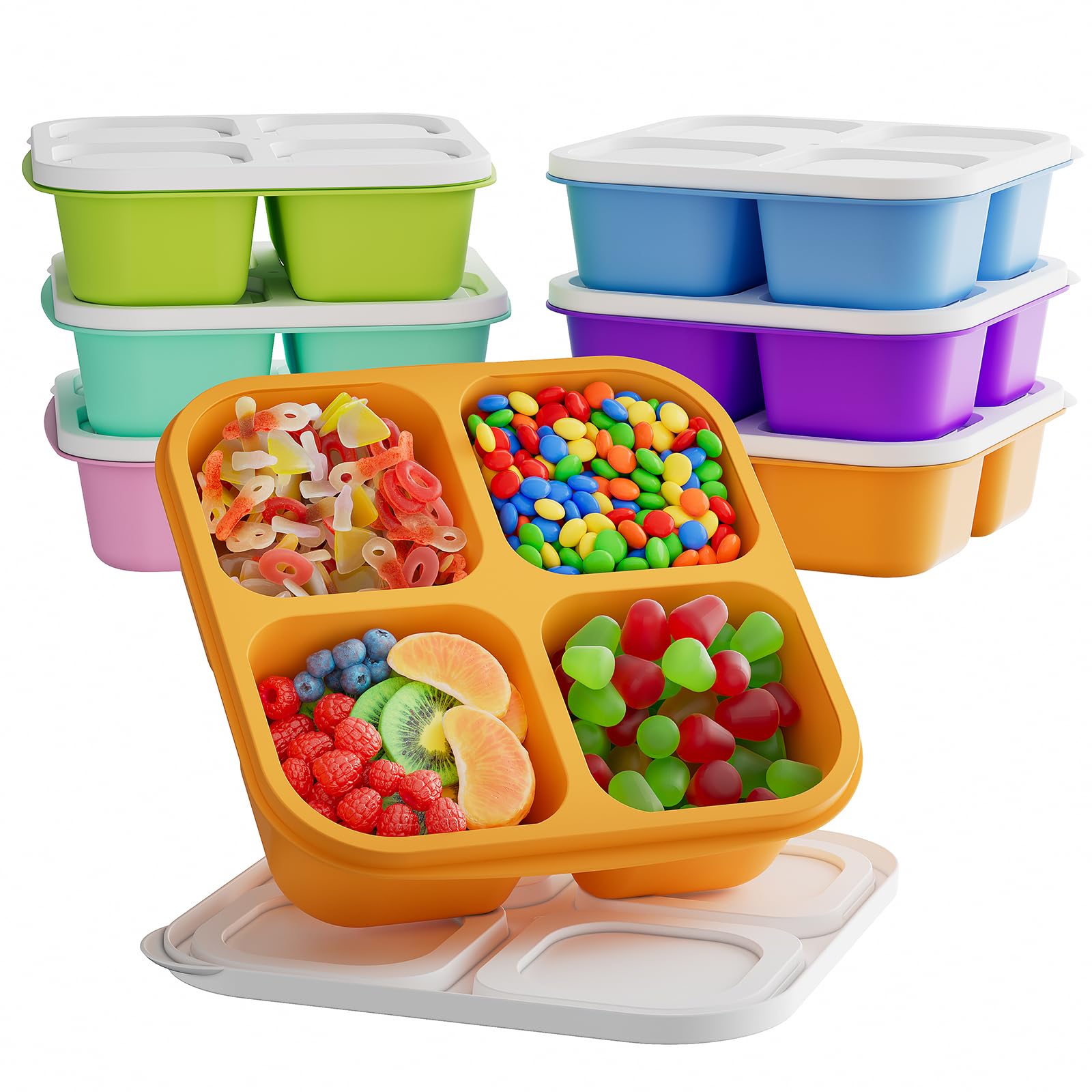 KEMETHY 6 Pcs Bento Snack Containers, Reusable 4 Compartment Food Storage Container with Lids, Divided Lunchable Container, Freezer, Microwave & Dishwasher Safe (6 Color)