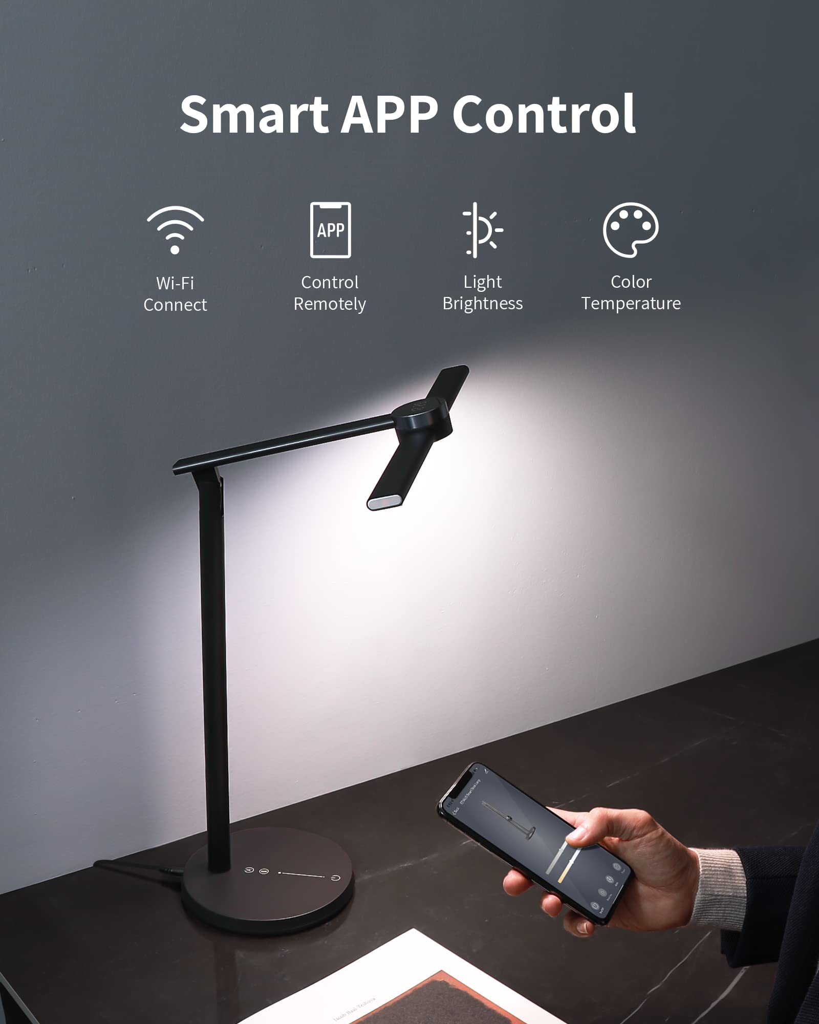 EZVALO Smart Desk Lamp with APP Control, Eye-Caring Auto-Dimming Table Lamp with Motio Sensor,3 Color Temperature, Works with Alexa & Google Assistant, Desk Light with Timer for Reading, Studying