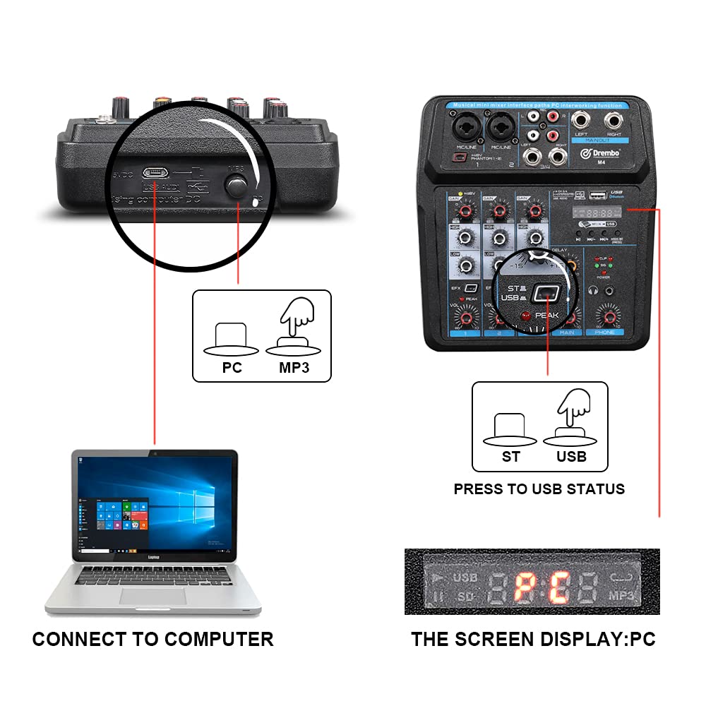 D Debra M4 Mini Audio Mixer Mixing Console Mixer Sound 4 Channel with Sound Board USB Bluetooth Audio Interface Mic Preamps 48V Phantom Power Mixer Use for DJ Studio PC Recording Singing Webcast Party