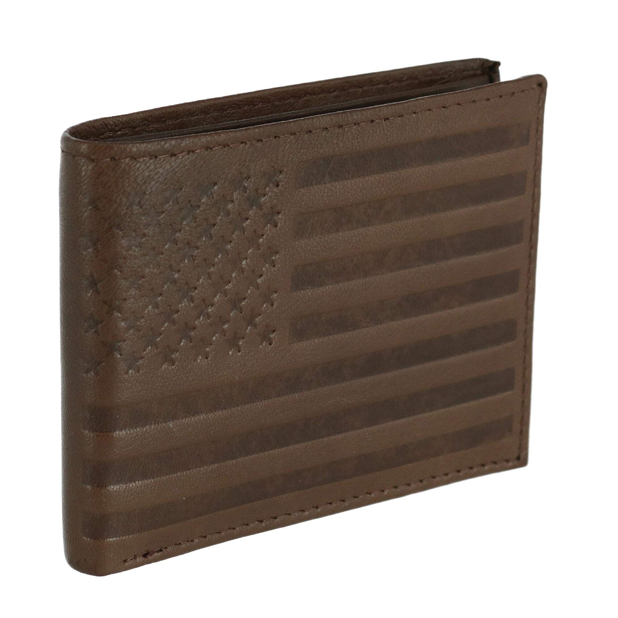 CTM® Men's Leather American Flag Embossed Bifold Wallet, Brown