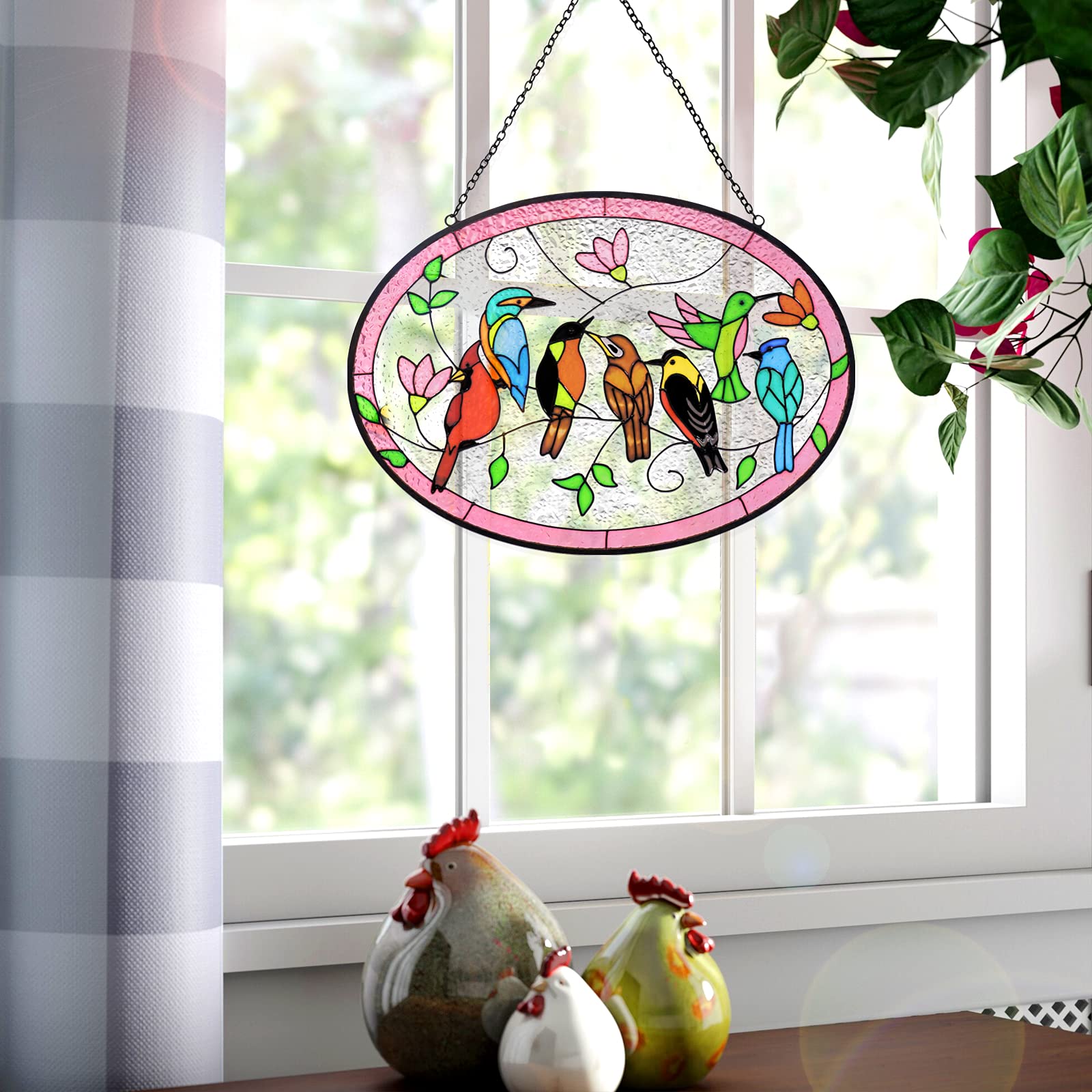 Huray Rayho Birds On A Branch Stained Glass Ornament, 9.5''x6.7'' Cardinal Hummingbird Suncatcher Hand-Painted Double Side Glass Panel Window Hanging Decor Bird Lover Gift for Mom, Grandma, Teacher